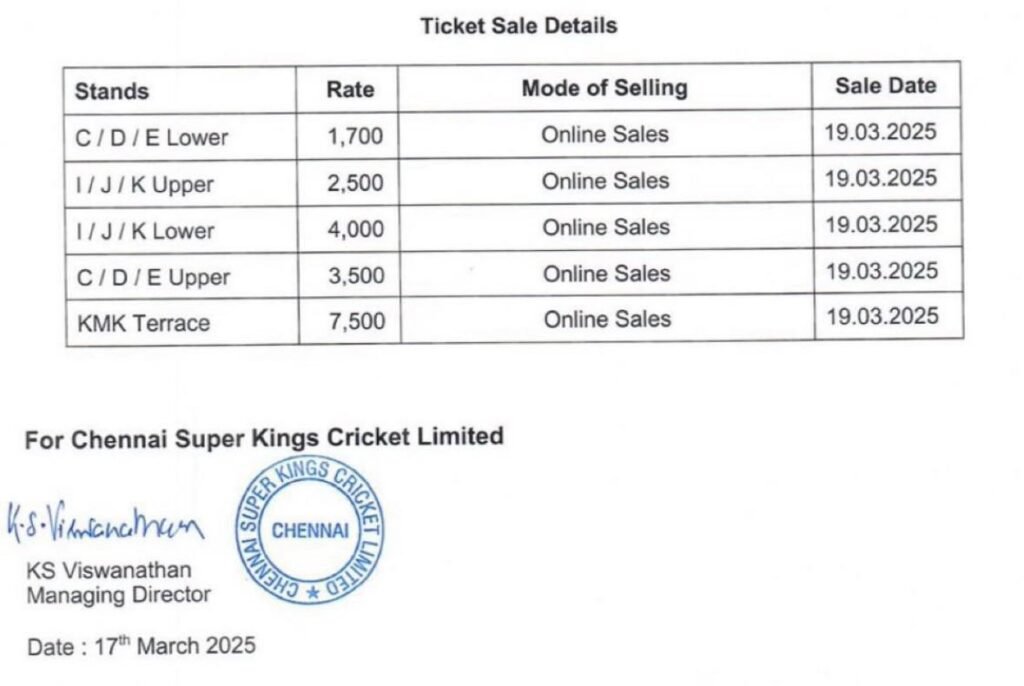 IPL Tickets 2025 Chennai, Chepauk Stadium Tickets Price List 2025